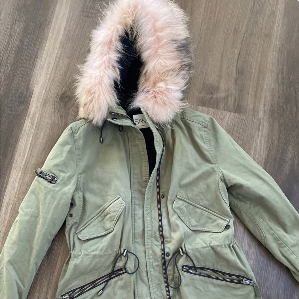 Sam Ny Pink Fur Hooded Army Utility Jacket. Hudson - Gem